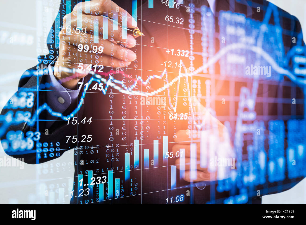 Business man on stock market financial trade indicator background. Man ...