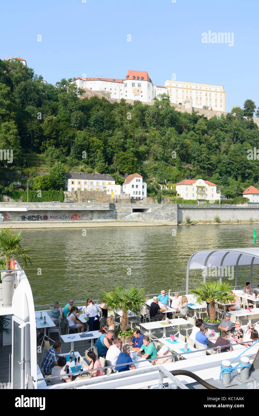 river Danube, passenger ship, castle Veste Oberhaus, Passau ...