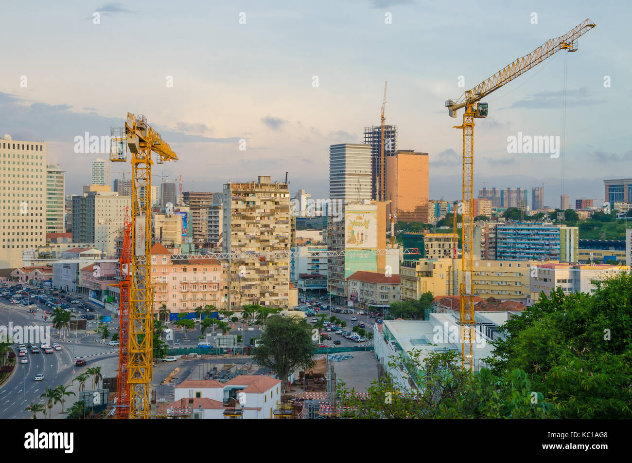 View over the skyline of Luanda with constructions cranes, modern ...