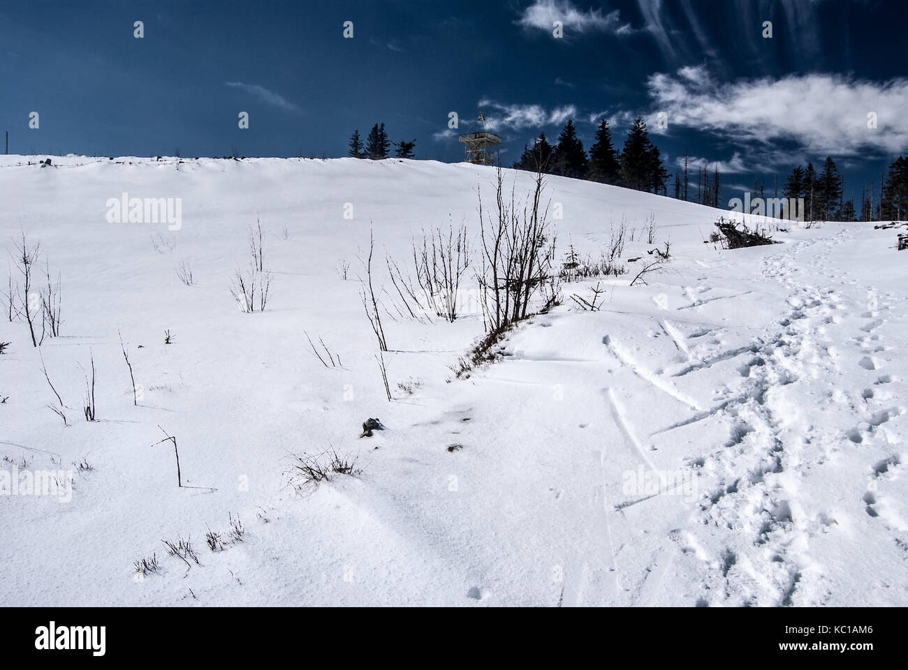 Barania Gora hill with snow and view tower in Silesian Beskids ...