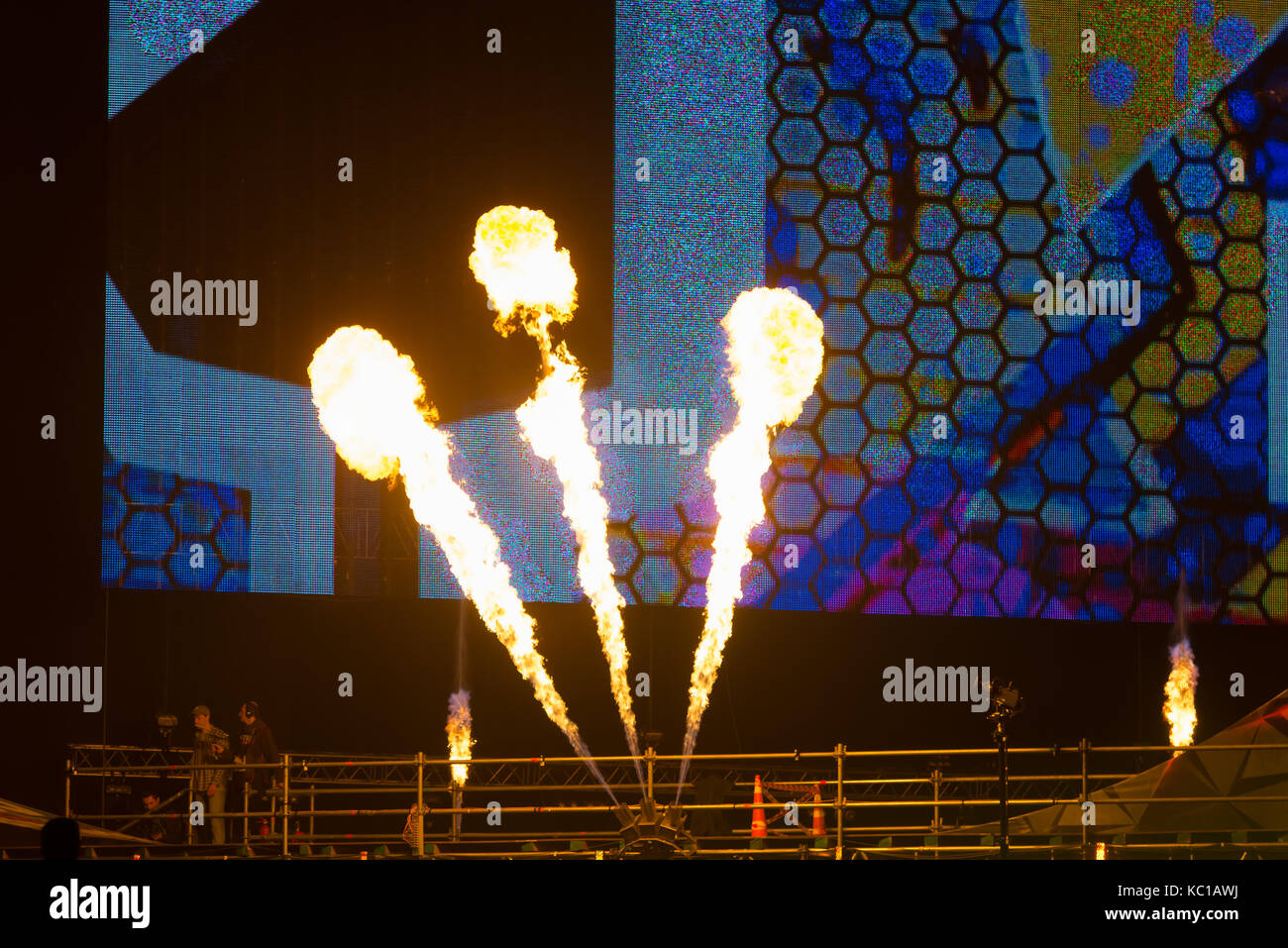 Stage special effects. The fire on the stage during the event Stock ...