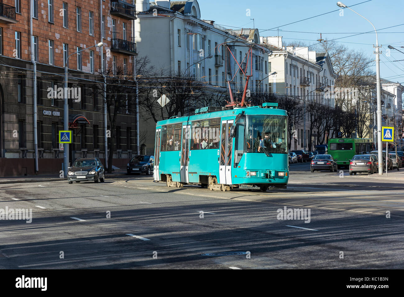Minsk, Belarus - 27.03.2017: A tram is moving along the city street ...