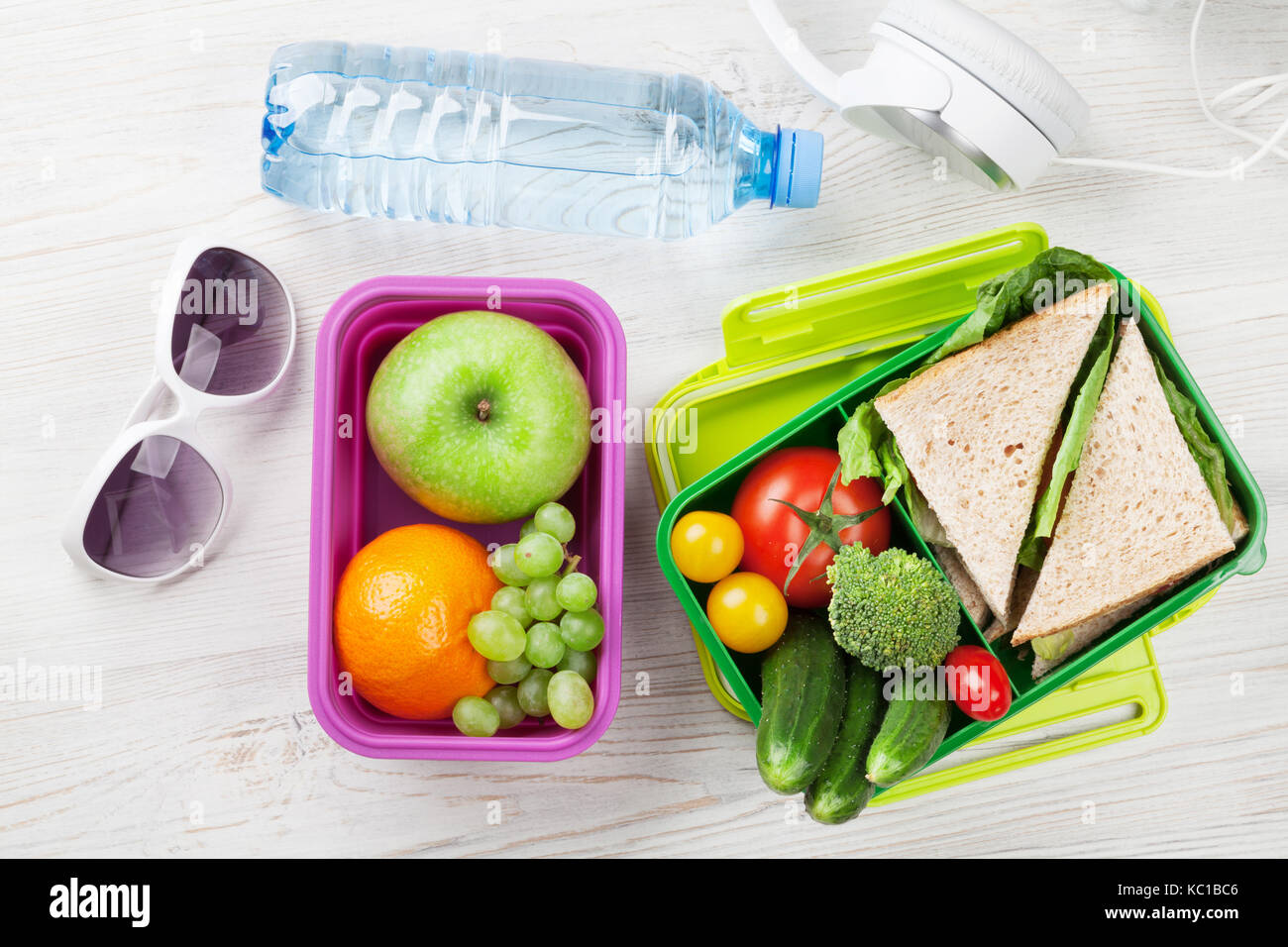 Lunch box with sandwich and vegetables. Top view Stock Photo - Alamy