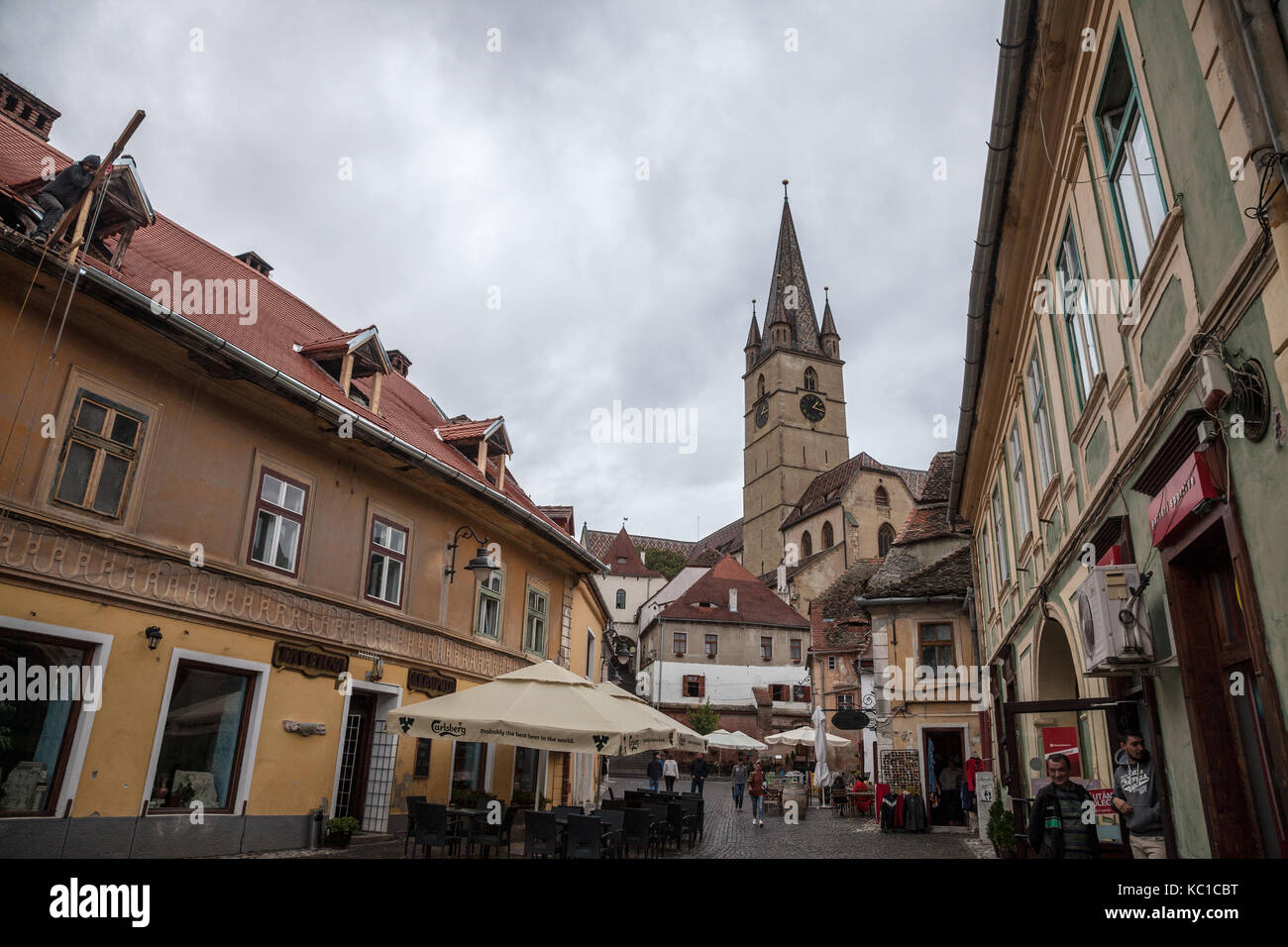 SIBIU, ROMANIA SEPTEMBER 22, 2017: Upper town of Sibiu, in Transylvania ...