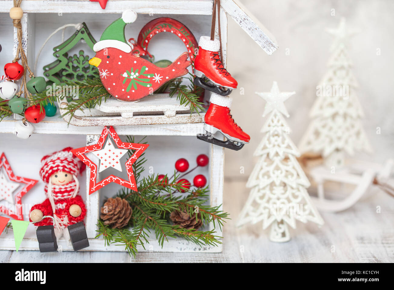 Christmas decoration with wooden box house Stock Photo - Alamy