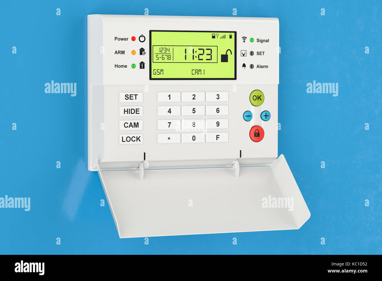 Home security alarm system on the blue wall, 3D rendering Stock Photo ...