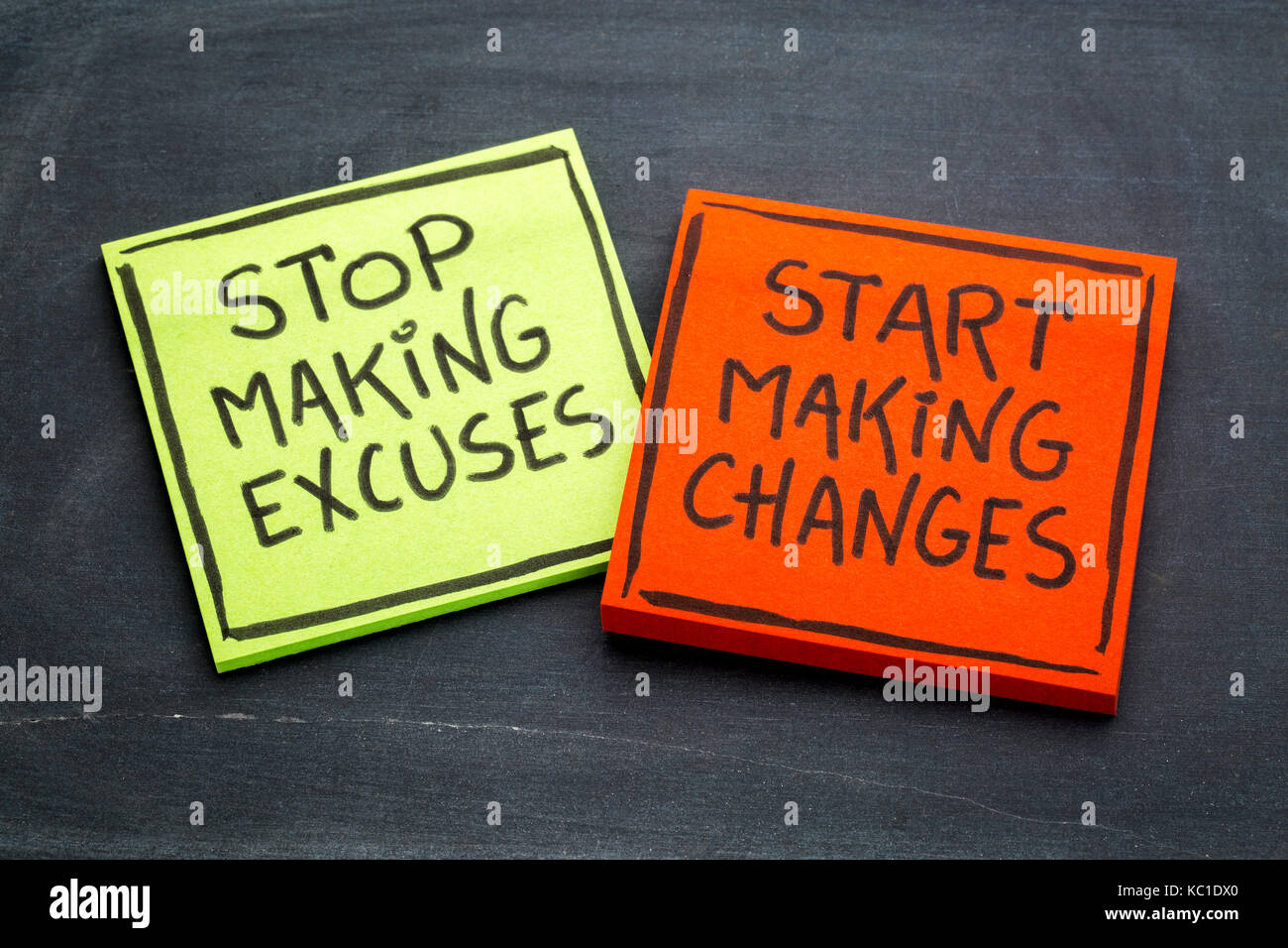 Stop making excuses, start making changes - handwriting on sticky notes ...