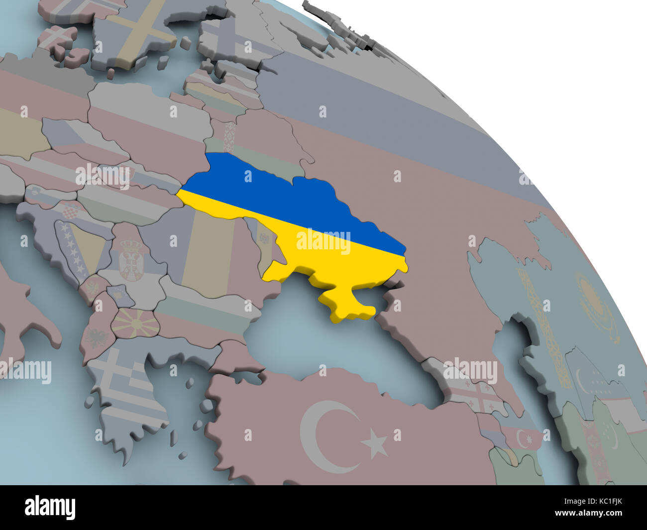 Illustration of Ukraine on political globe with embedded flags. 3D ...