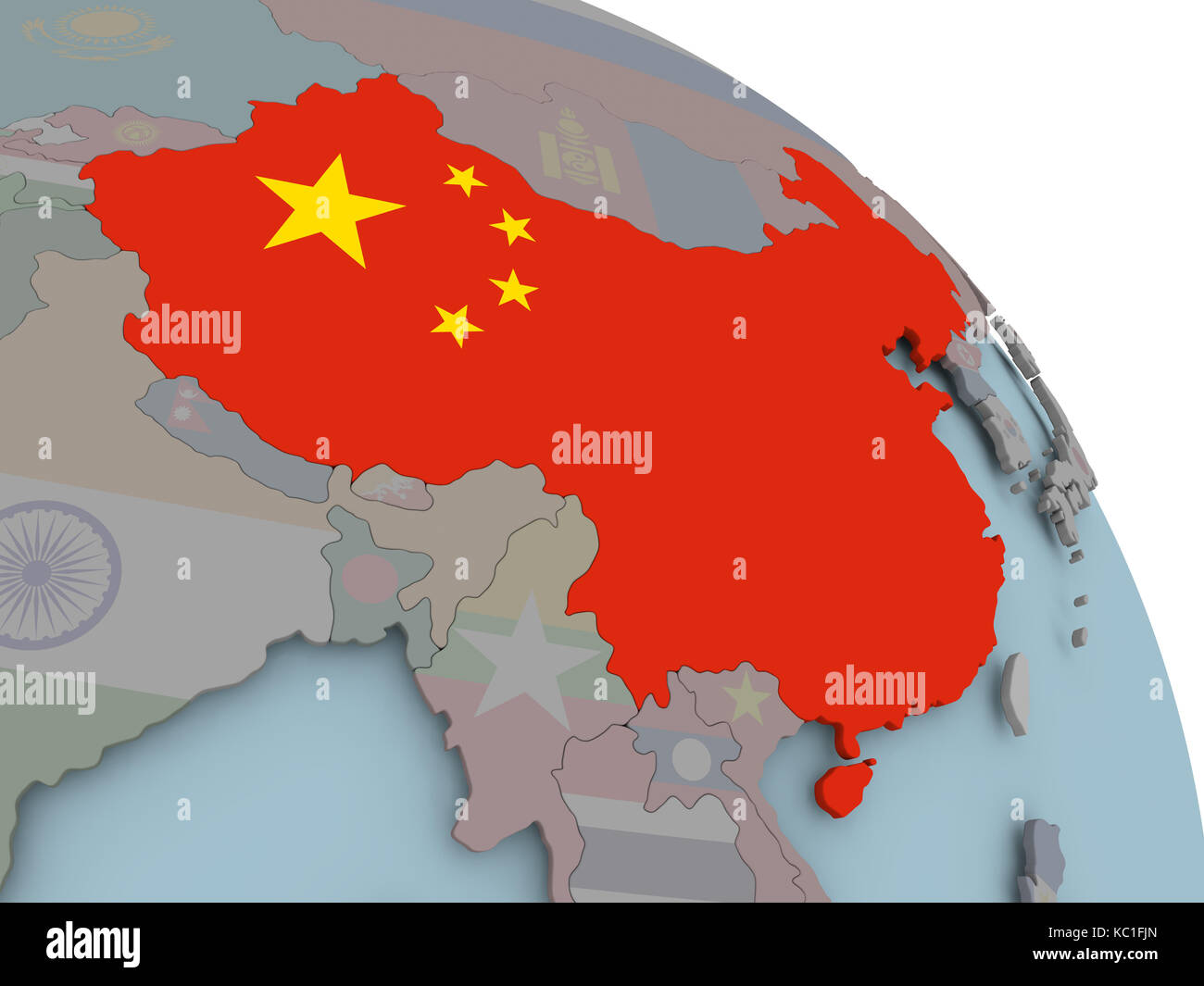 Illustration of China on political globe with embedded flags. 3D ...