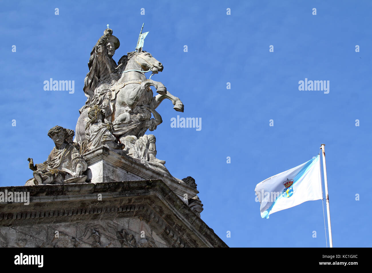 Equestrial statue of Santiago (Saint James) and Galician flag in ...