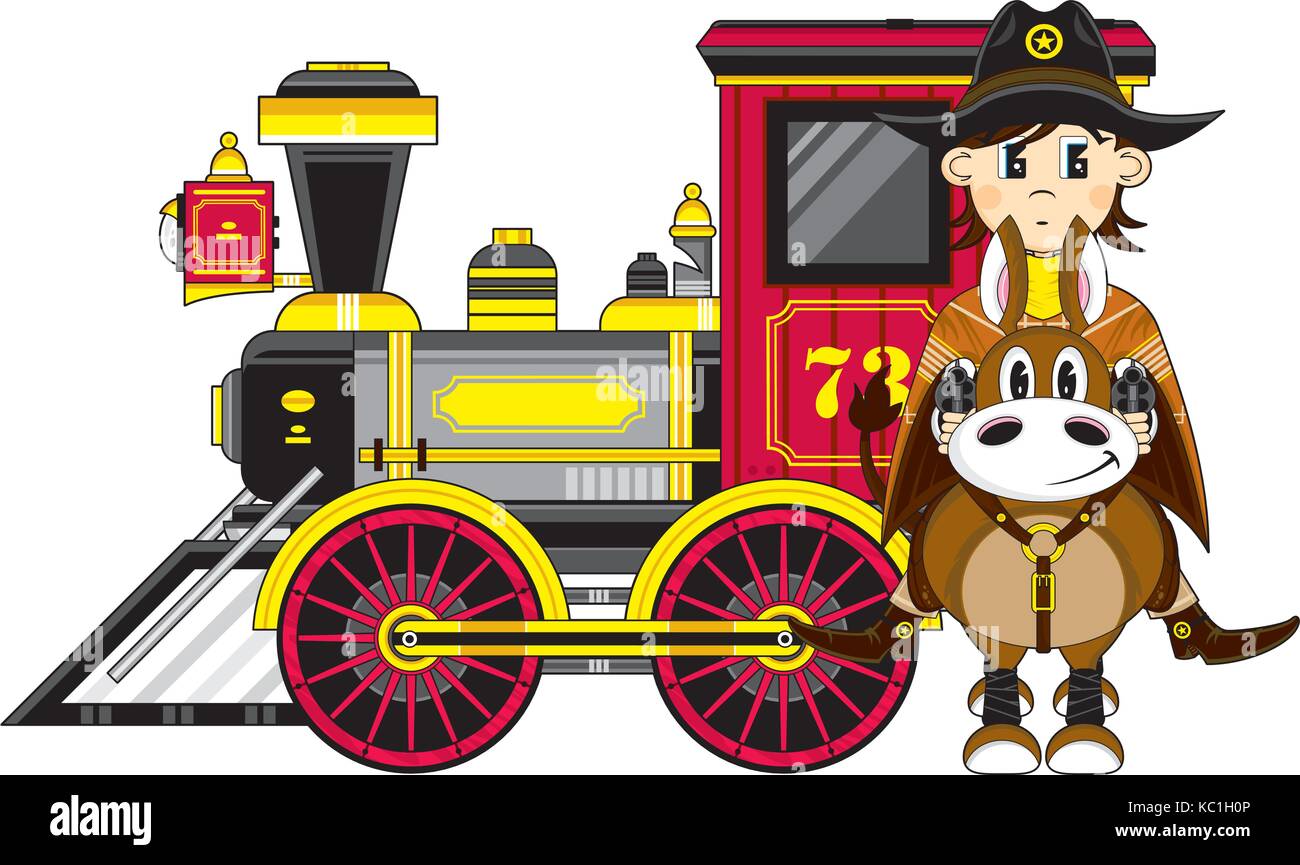 Cartoon Wild West Cowboy on Horse with Steam Train Stock Vector Image ...