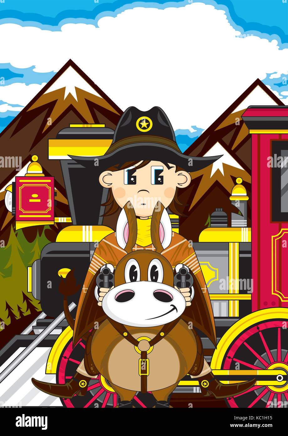 Cartoon Wild West Cowboy on Horse with Steam Train Stock Vector Image ...