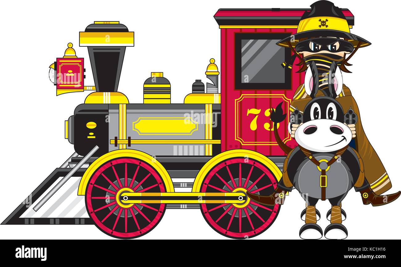 Cartoon Wild West Cowboy on Horse with Steam Train Stock Vector Image ...