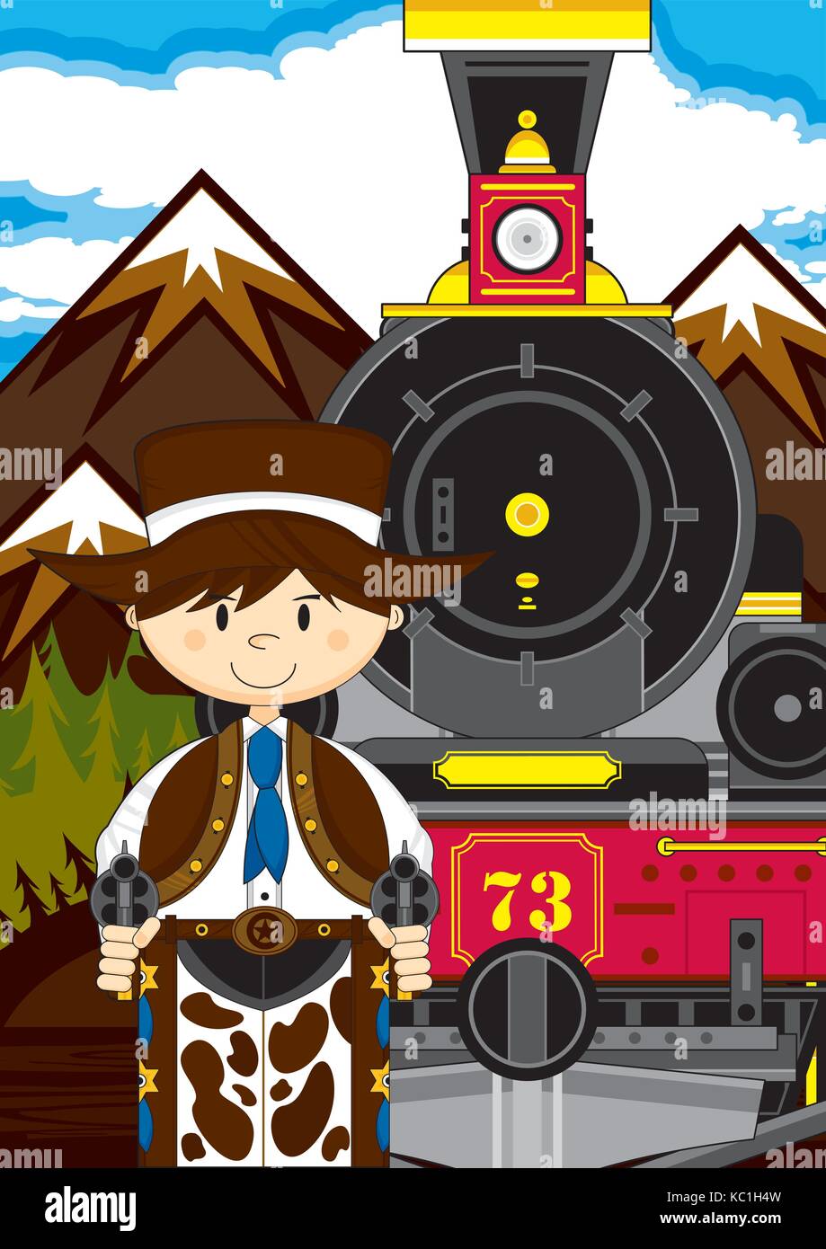 Cartoon Wild West Cowboy and Steam Train Stock Vector Image & Art - Alamy