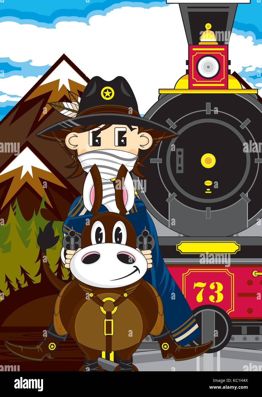 Cartoon Wild West Cowboy on Horse with Steam Train Stock Vector Image ...