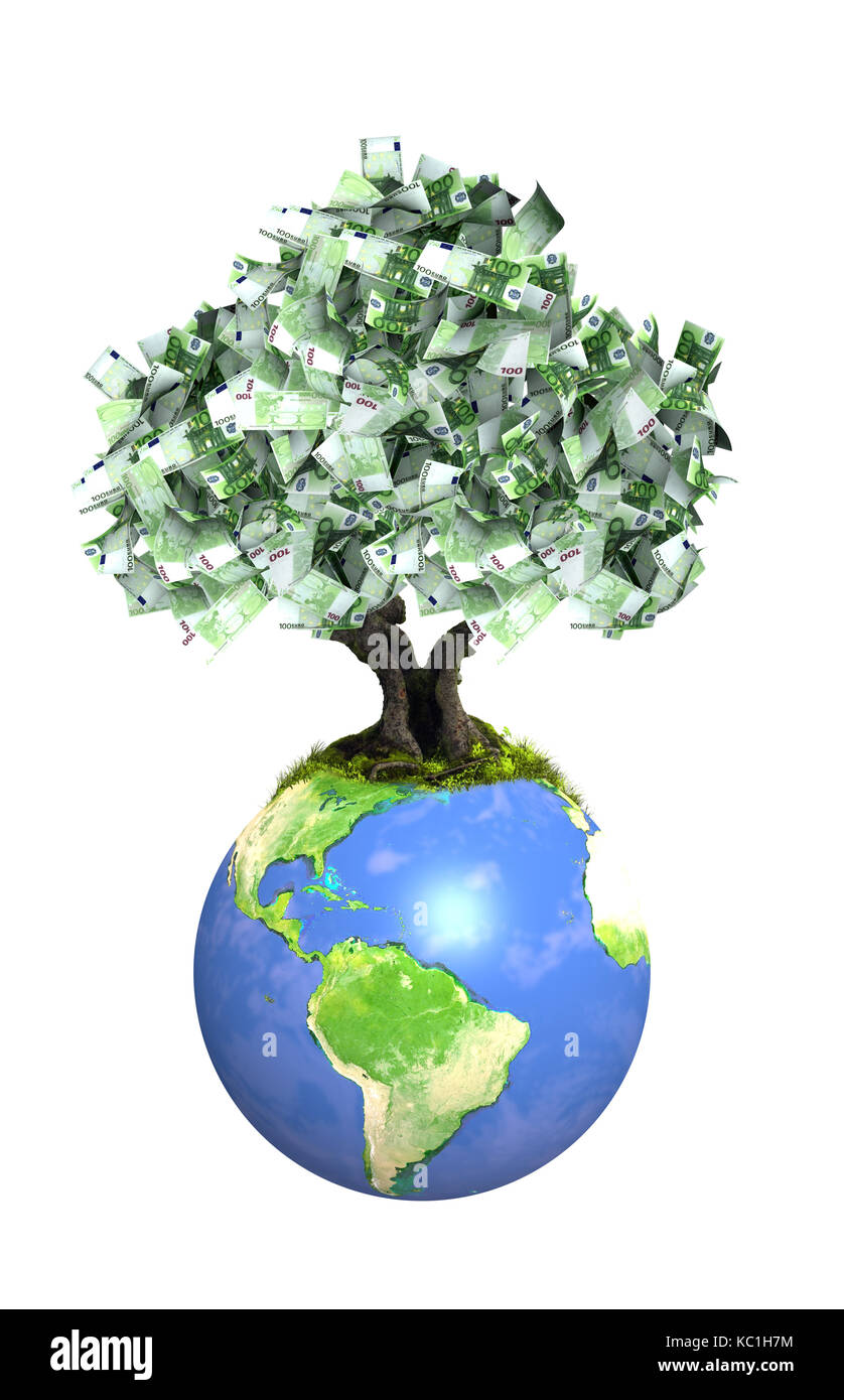 Money tree with euro banknotes on Earth. Isolated on white background ...
