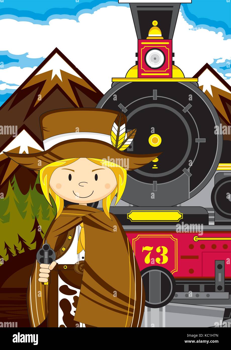Cartoon Wild West Cowboy and Steam Train Stock Vector Image & Art - Alamy
