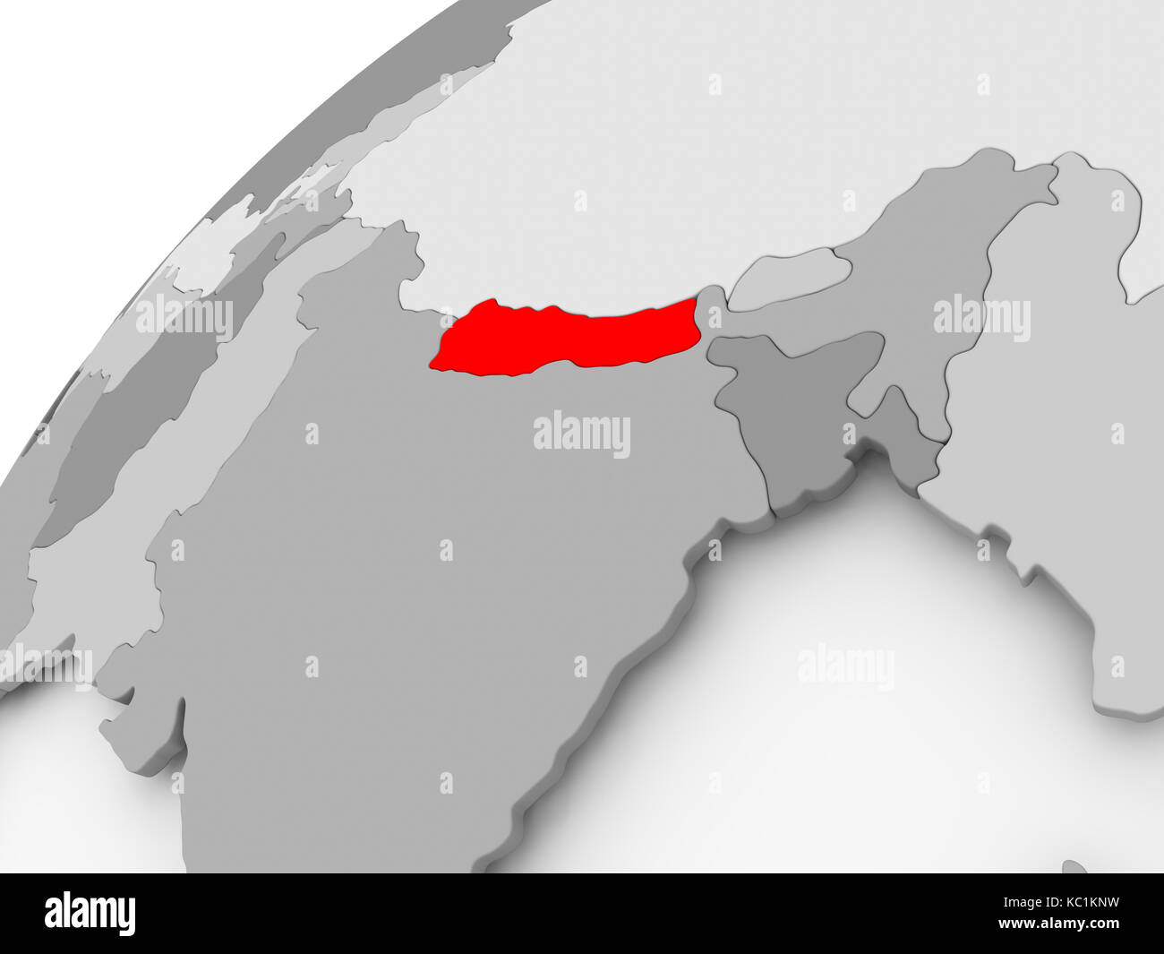 Map of Nepal in red on grey political globe. 3D illustration Stock ...