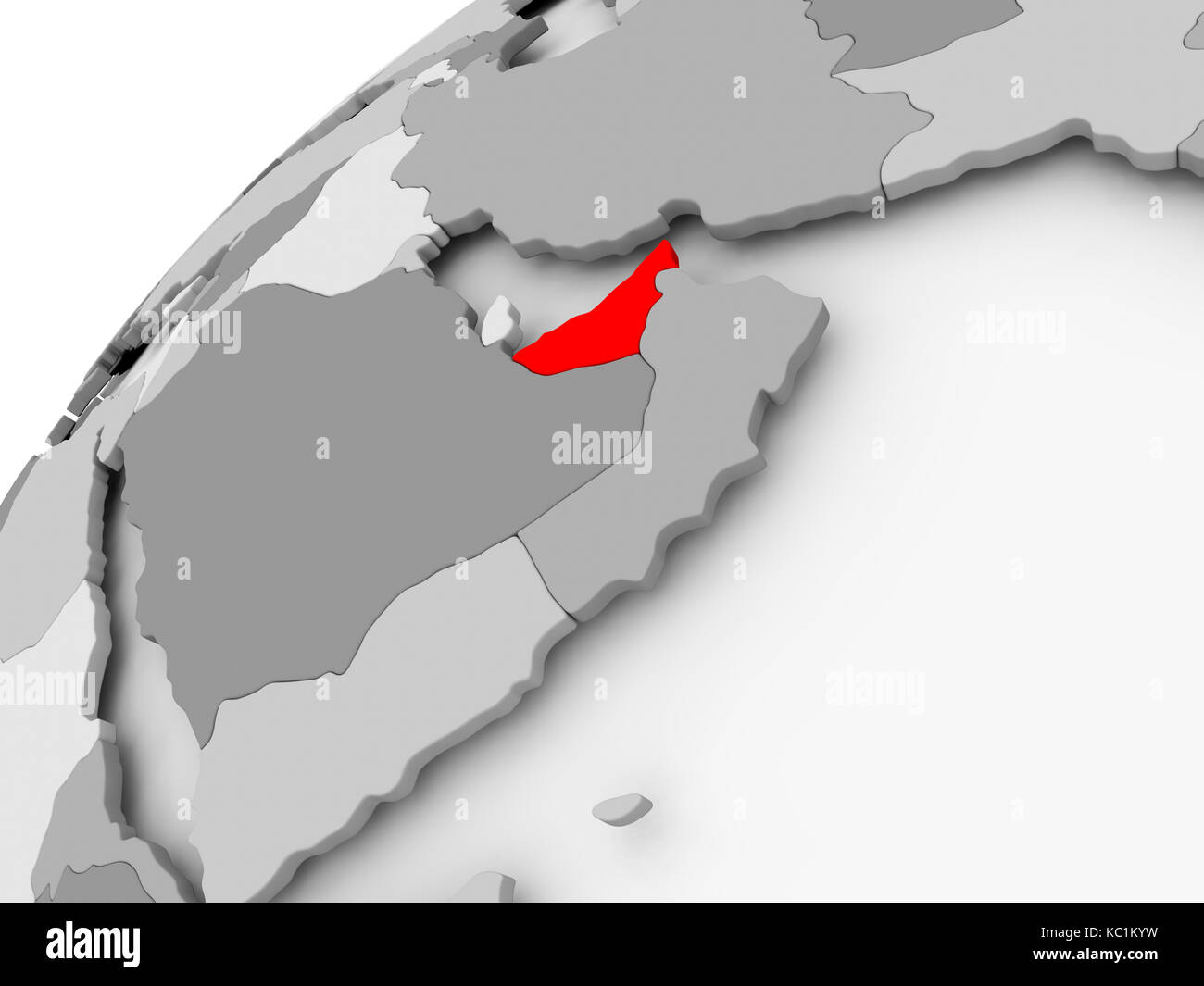 Map of United Arab Emirates in red on grey political globe. 3D ...