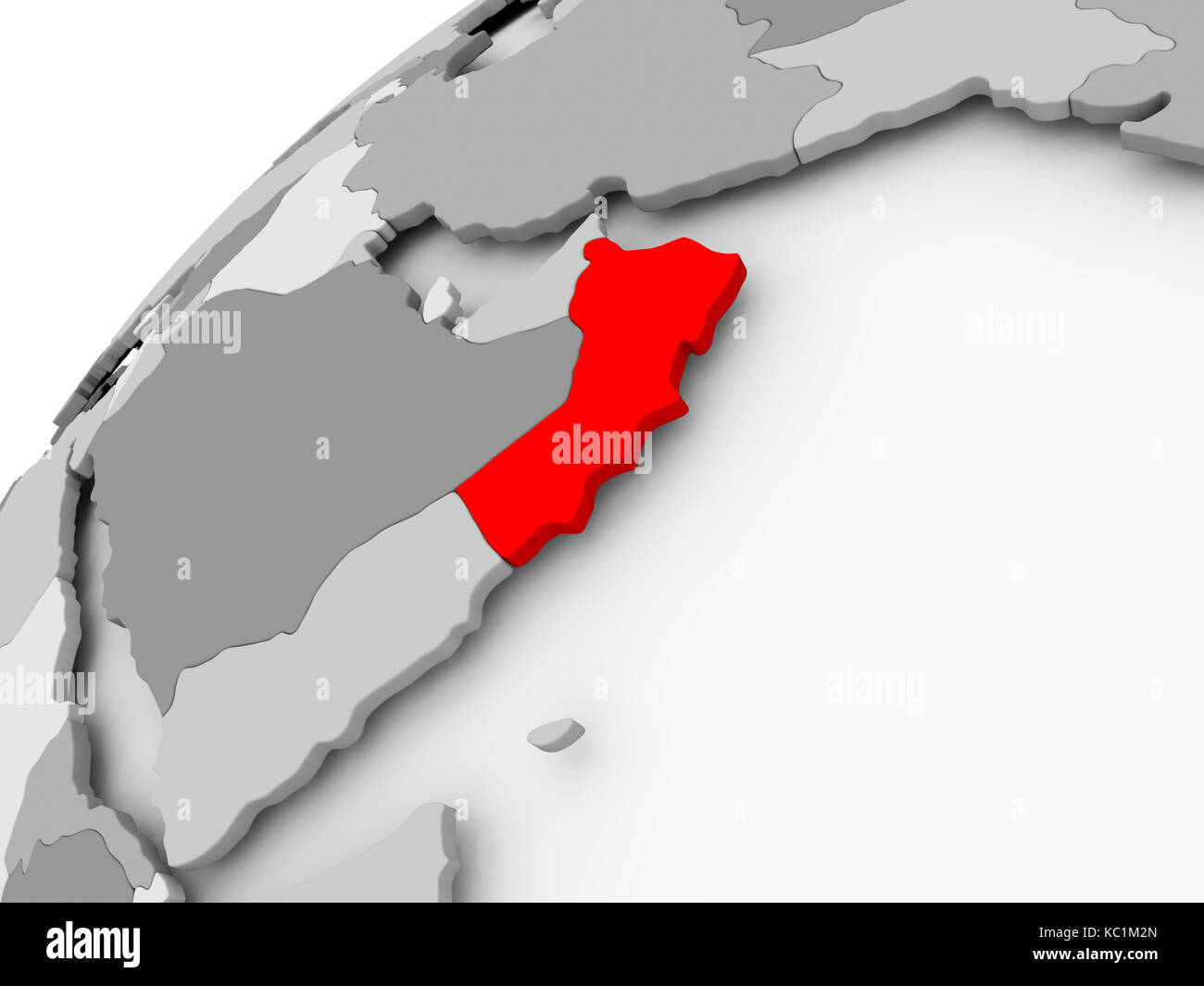 Map of Oman in red on grey political globe. 3D illustration Stock Photo ...