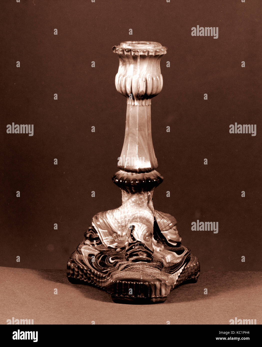 Candlestick, 1880–90, Made in England, Pressed purple marble glass ...