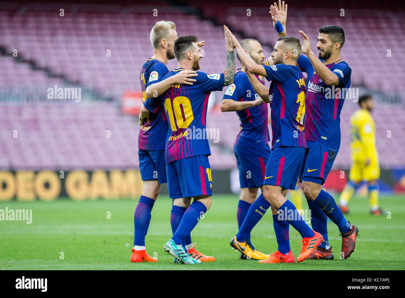 Barcelona, Spain. 1st October, 2017. Lionel Messi celebrates scoring ...