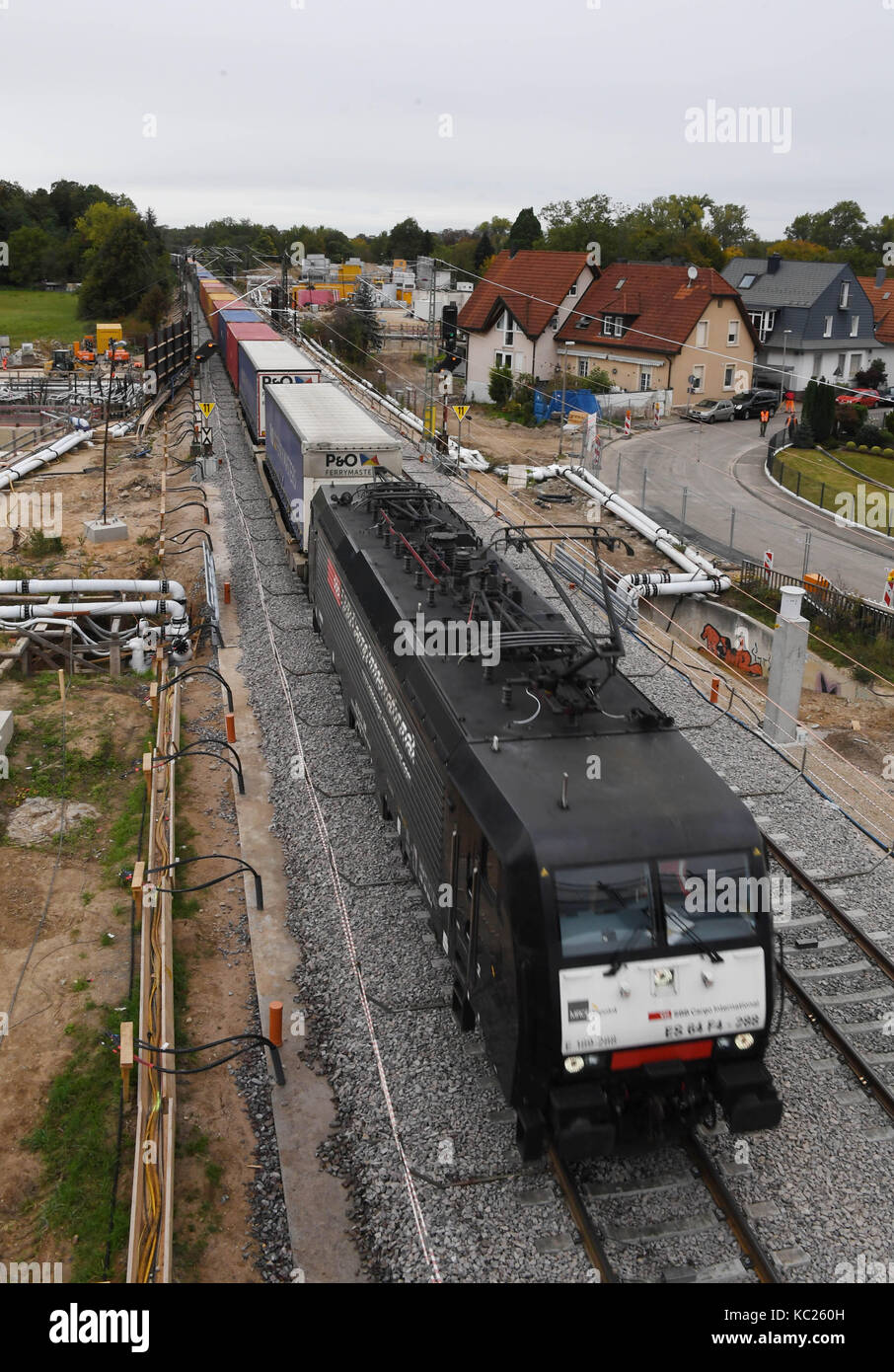 Niederbuehl, Germany. 2nd Oct, 2017. A freight train can be seen ...