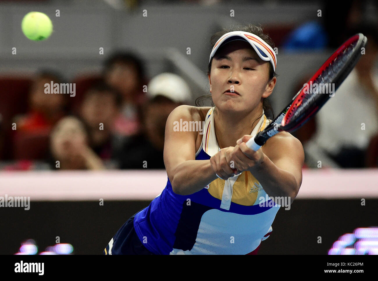 Beijing, China. 2nd Oct, 2017. China's Peng Shuai returns the ball ...