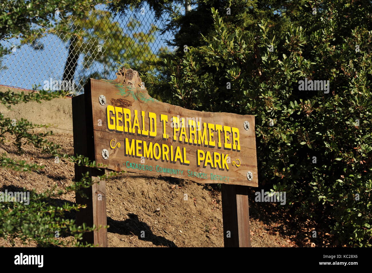 Sunlit "Gerald T. Parmeter Memorial Park" sign, Cazadero, Sonoma County ...