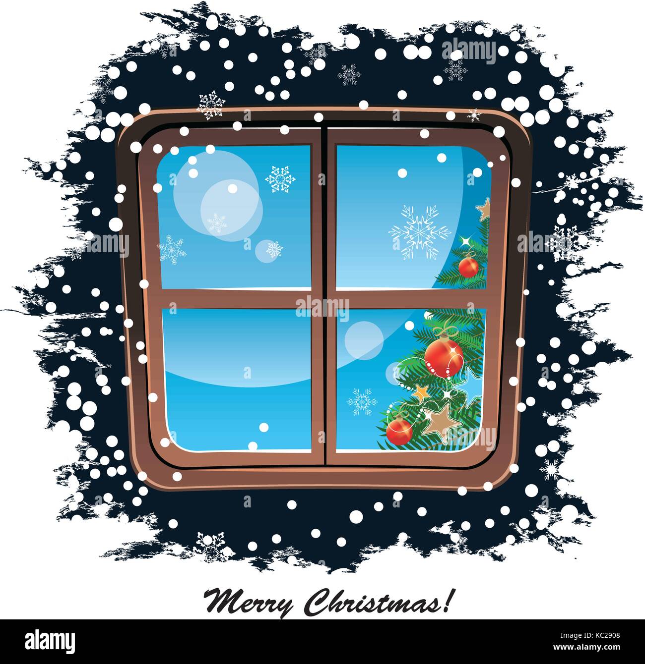 Window, snowy night, Christmas background, vector Illustration Stock ...