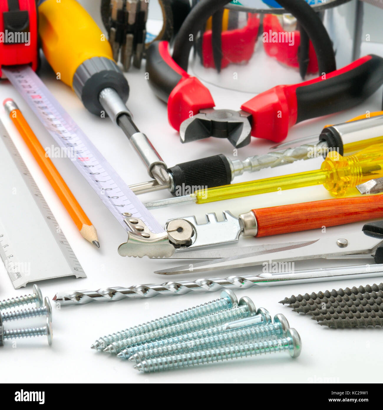 collection tools on white background Stock Photo - Alamy