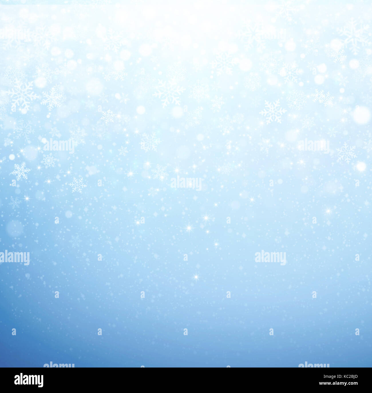 Snowflakes shapes, snowfall and star lights on a winter blue background ...