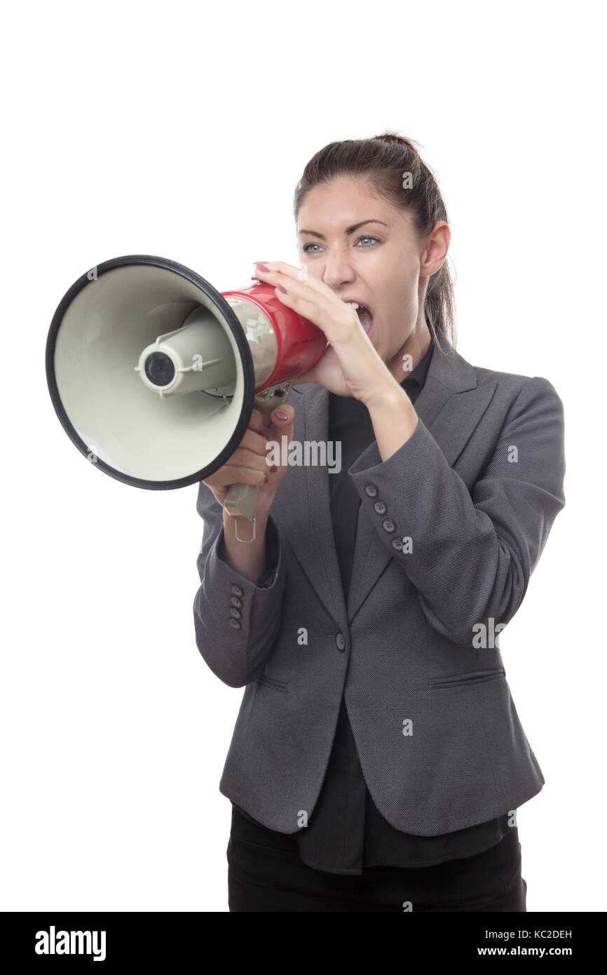 business woman shouting down a bullhorn Stock Photo - Alamy