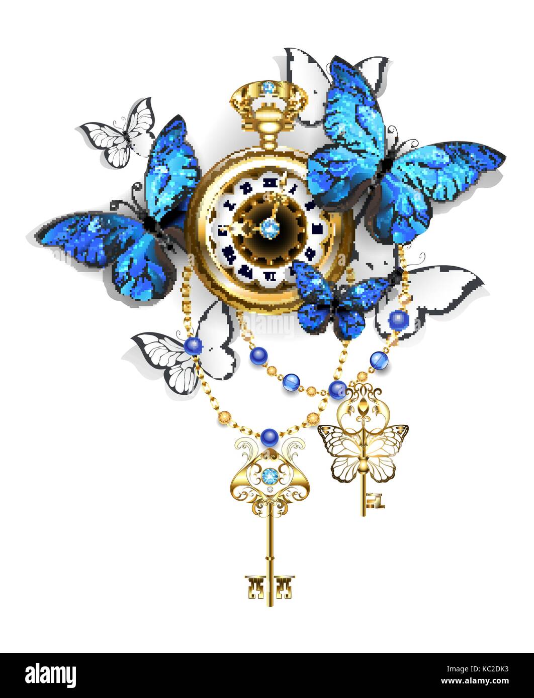 Antique gold watch with blue and white butterflies morpho and golden ...