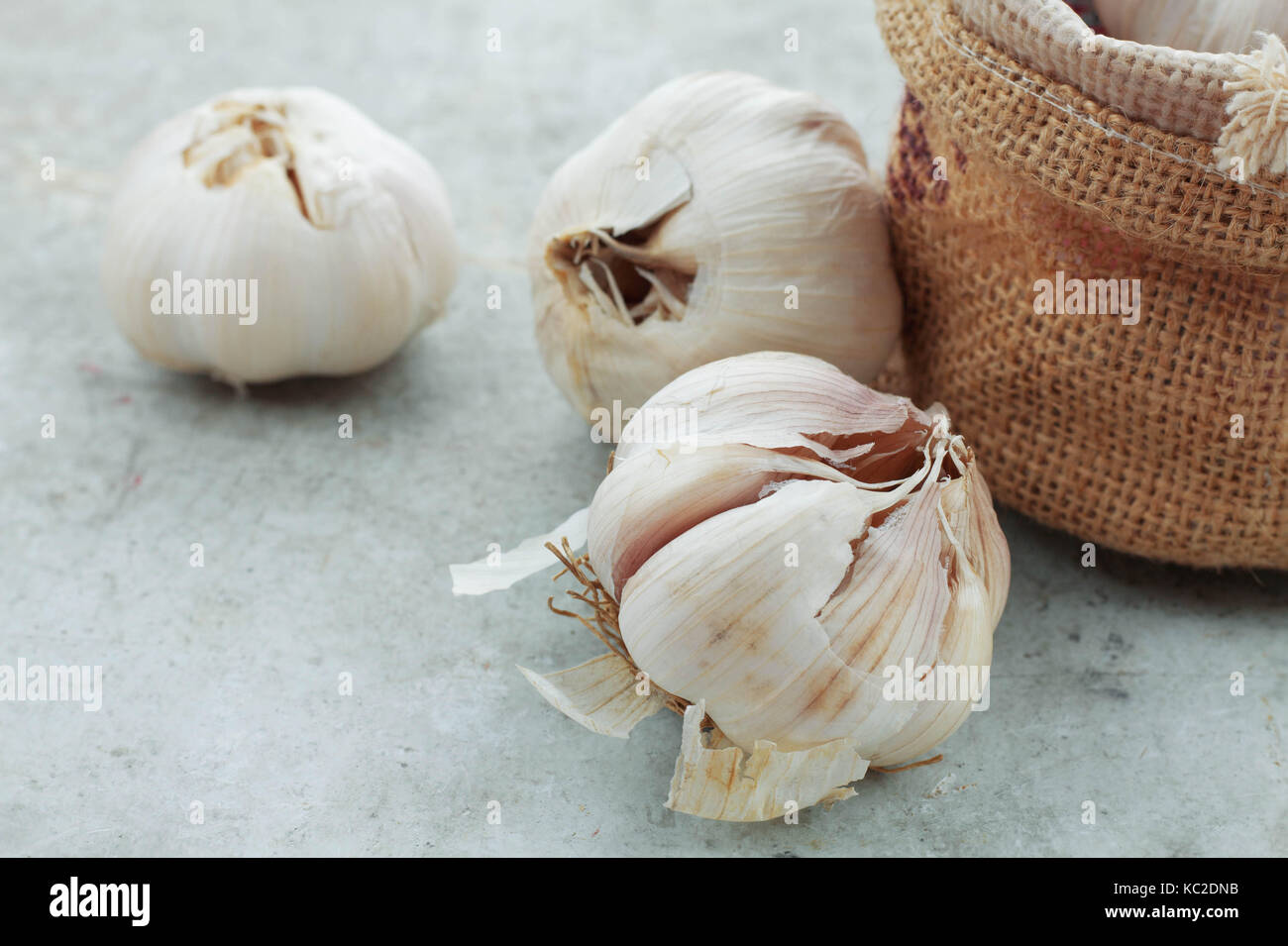 Garlic on the floor and sack Stock Photo - Alamy