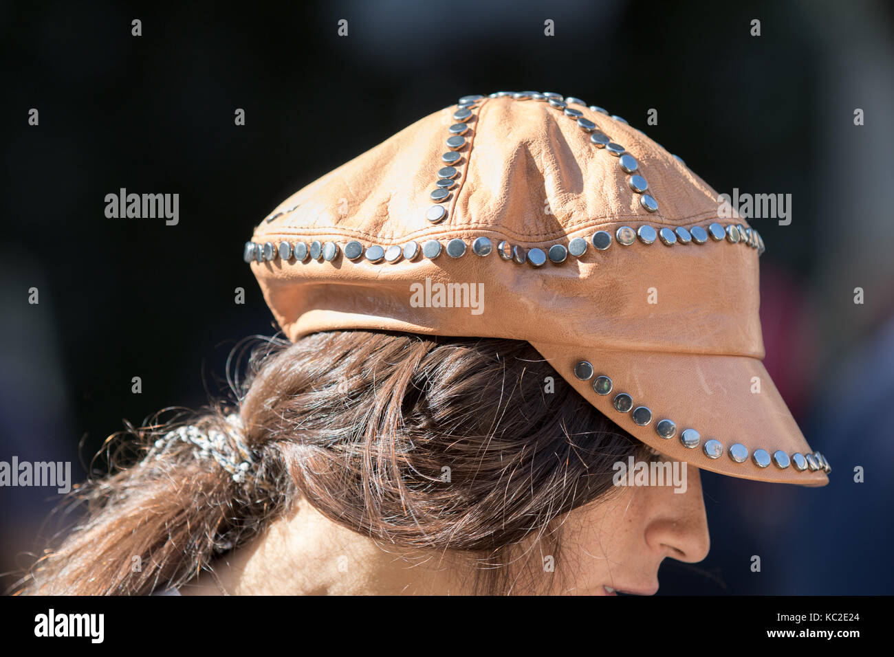 Milan, Italy - September 22, 2017: Model wearing an orange cap with ...