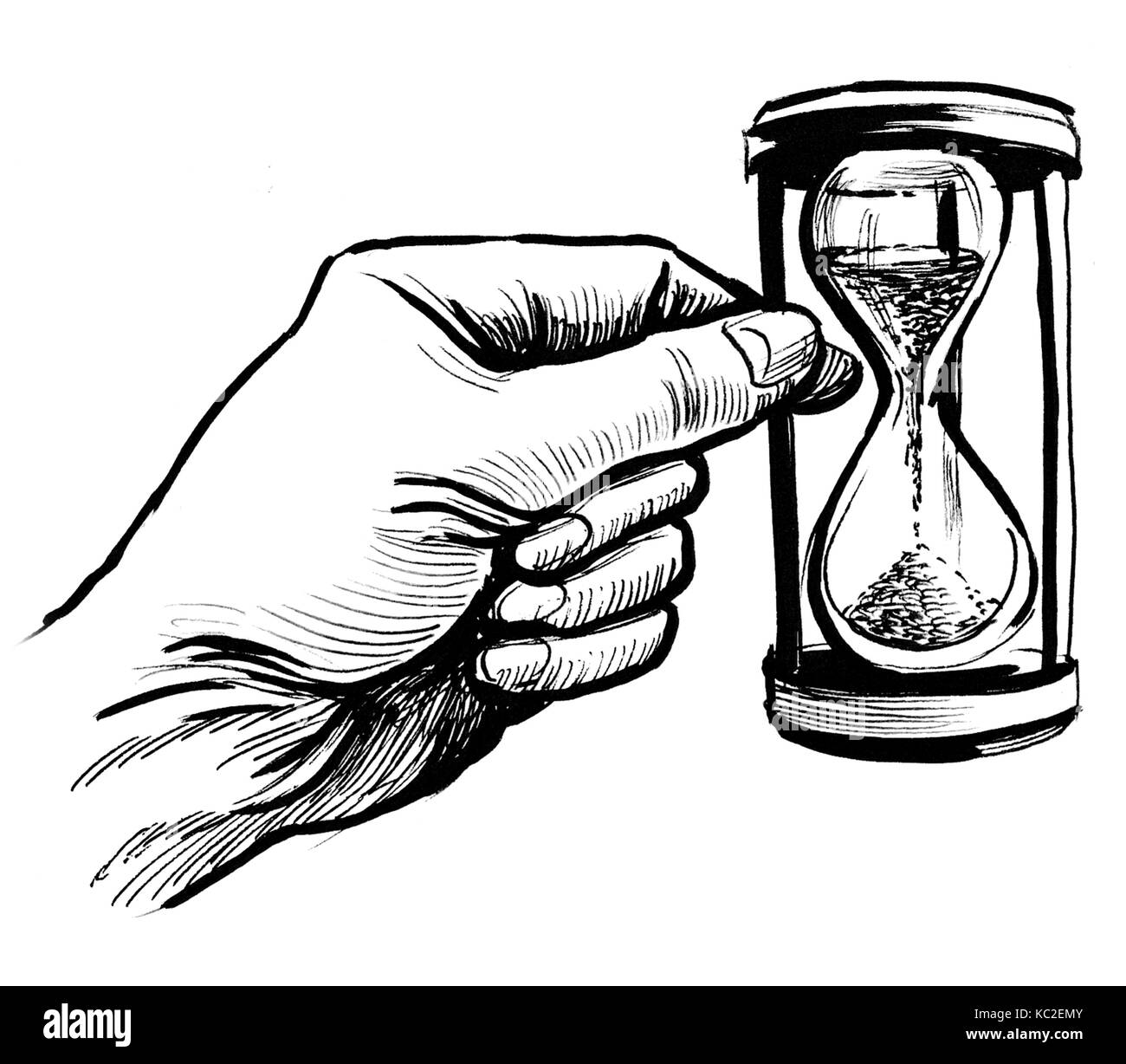 Ink drawing holding a sand clock Stock Photo - Alamy