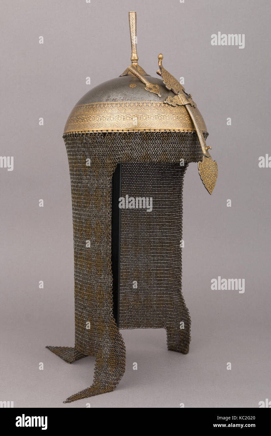Helmet (Kulah Khud), 18th century, Persian, Steel, gold, velvet, brass ...
