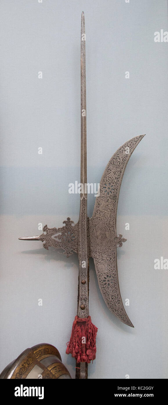 Halberd, ca. 1590–1600, Italian, Steel, wood, textile, L. 108 in. (274. ...