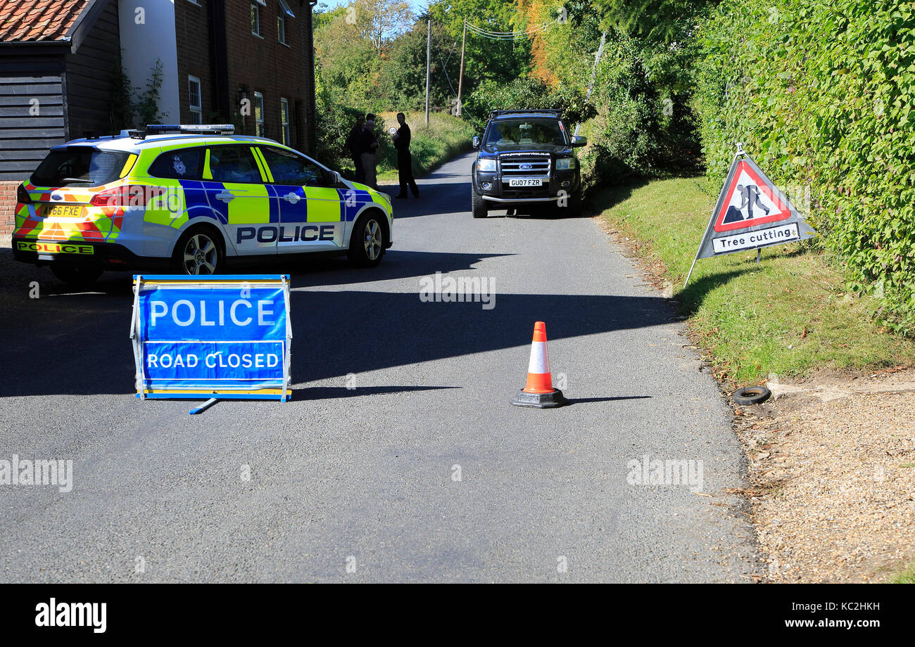 Police road closed sign due to tree cutting, Brandeston, Suffolk ...
