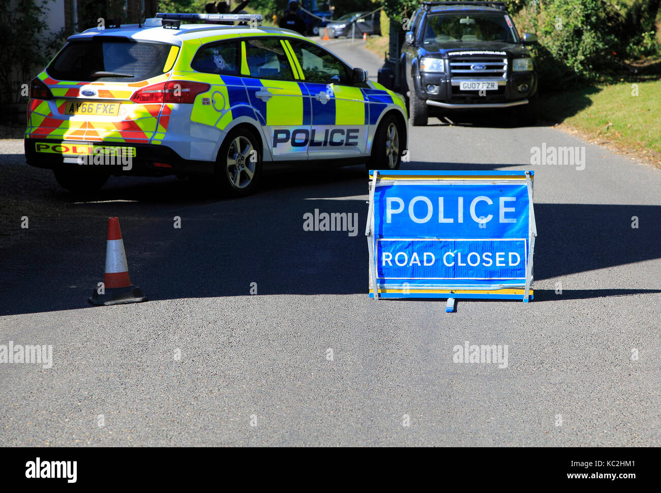 Police road closed sign due to tree cutting, Brandeston, Suffolk ...