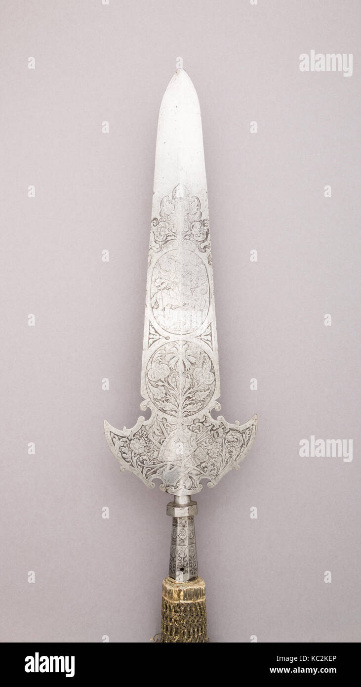 Partisan, dated 1642, German, Steel, wood, textile, metallic thread, L ...