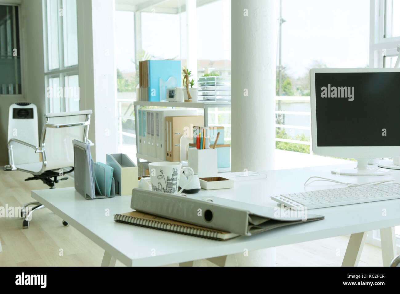 set of white computer put on white office desk in mock up office Stock ...