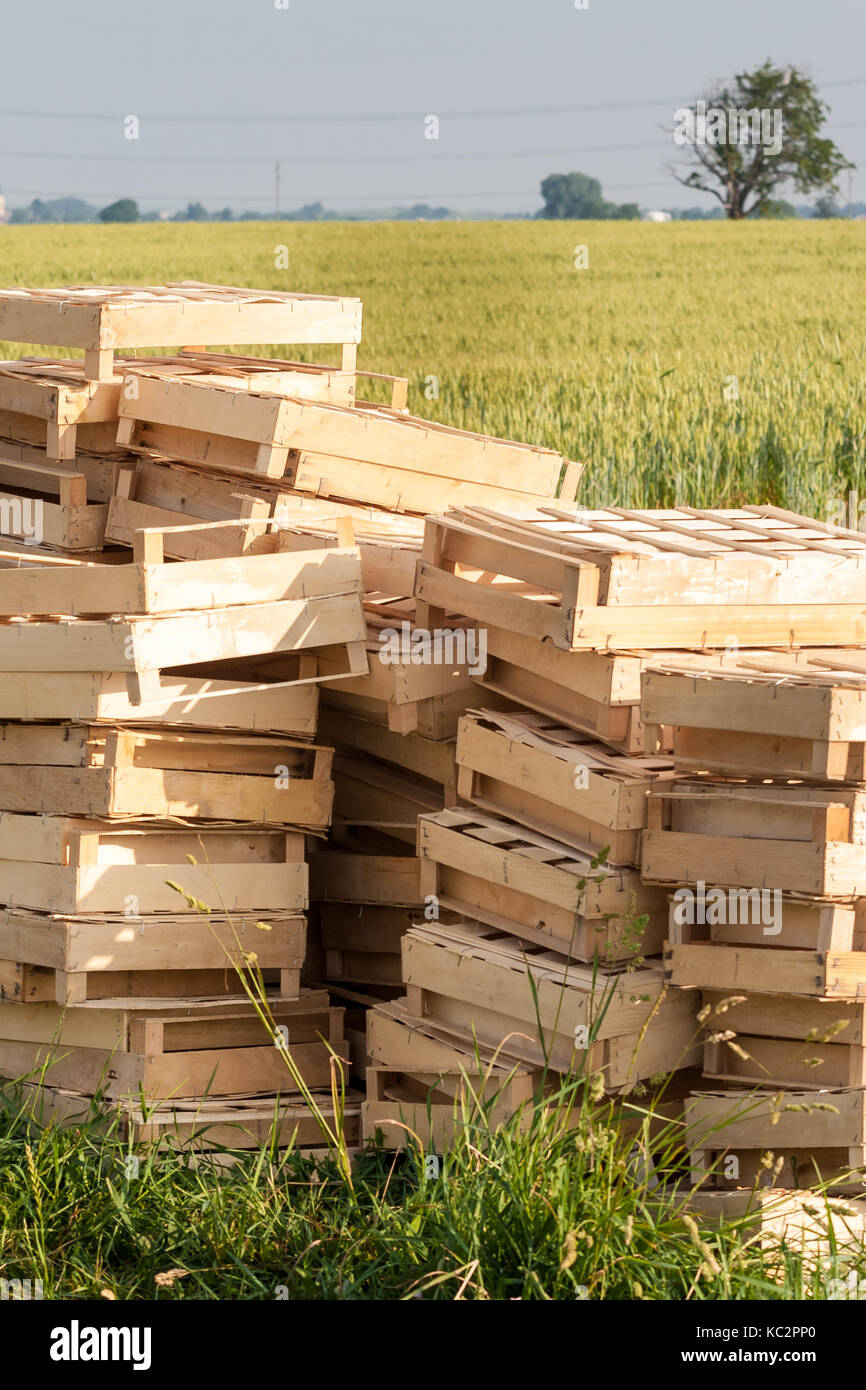 wooden crates piled next to a field Stock Photo - Alamy