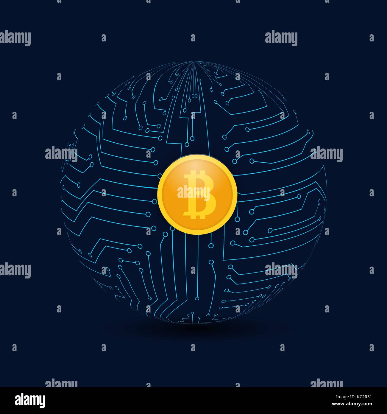 Circle from the motherboard and bitcoin coins on a dark background ...
