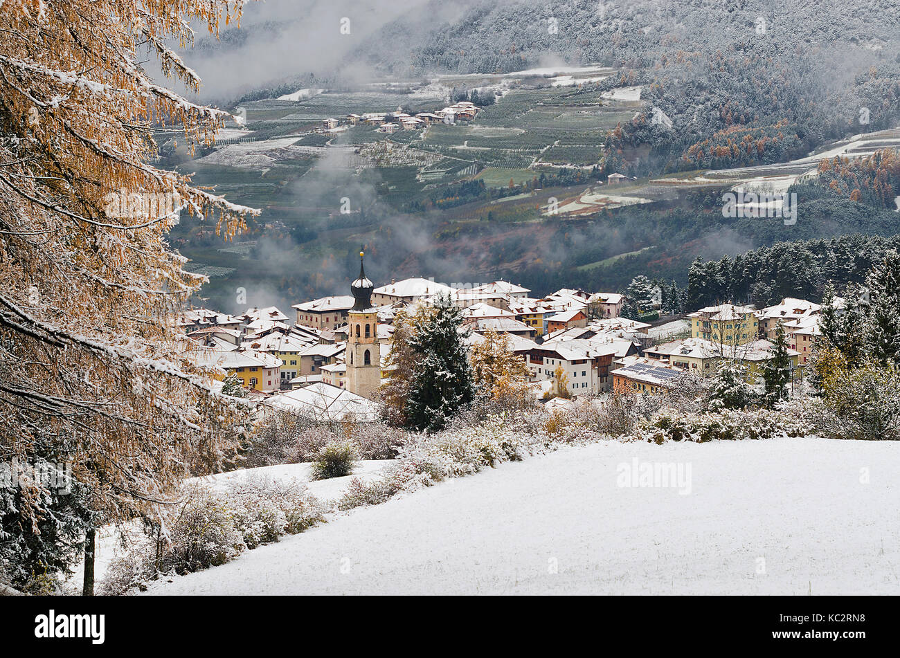 Italy,Trentino Alto Adige, Non valley, autumn snowfall on the Fondo ...