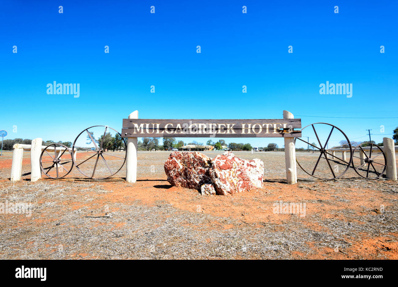 Sign for Mulga Creek Hotel, a remote Outback pub and campsite, New ...