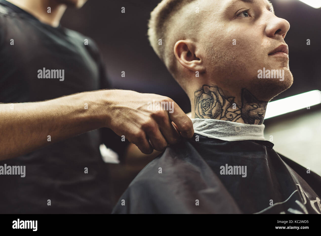Anonymous barber preparing client Stock Photo - Alamy