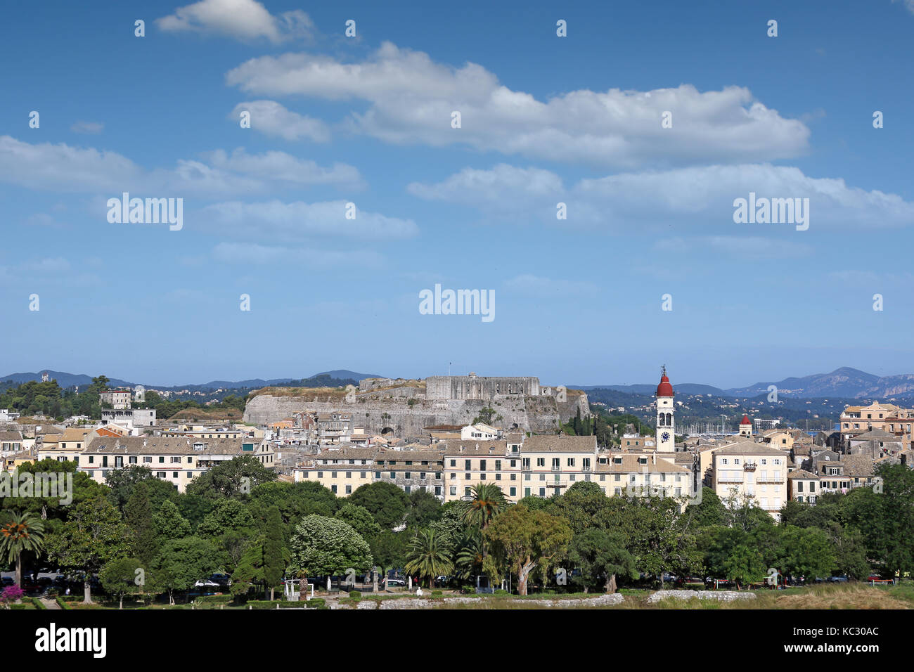 Corfu town cityscape with new fortress old buildings and church towers ...