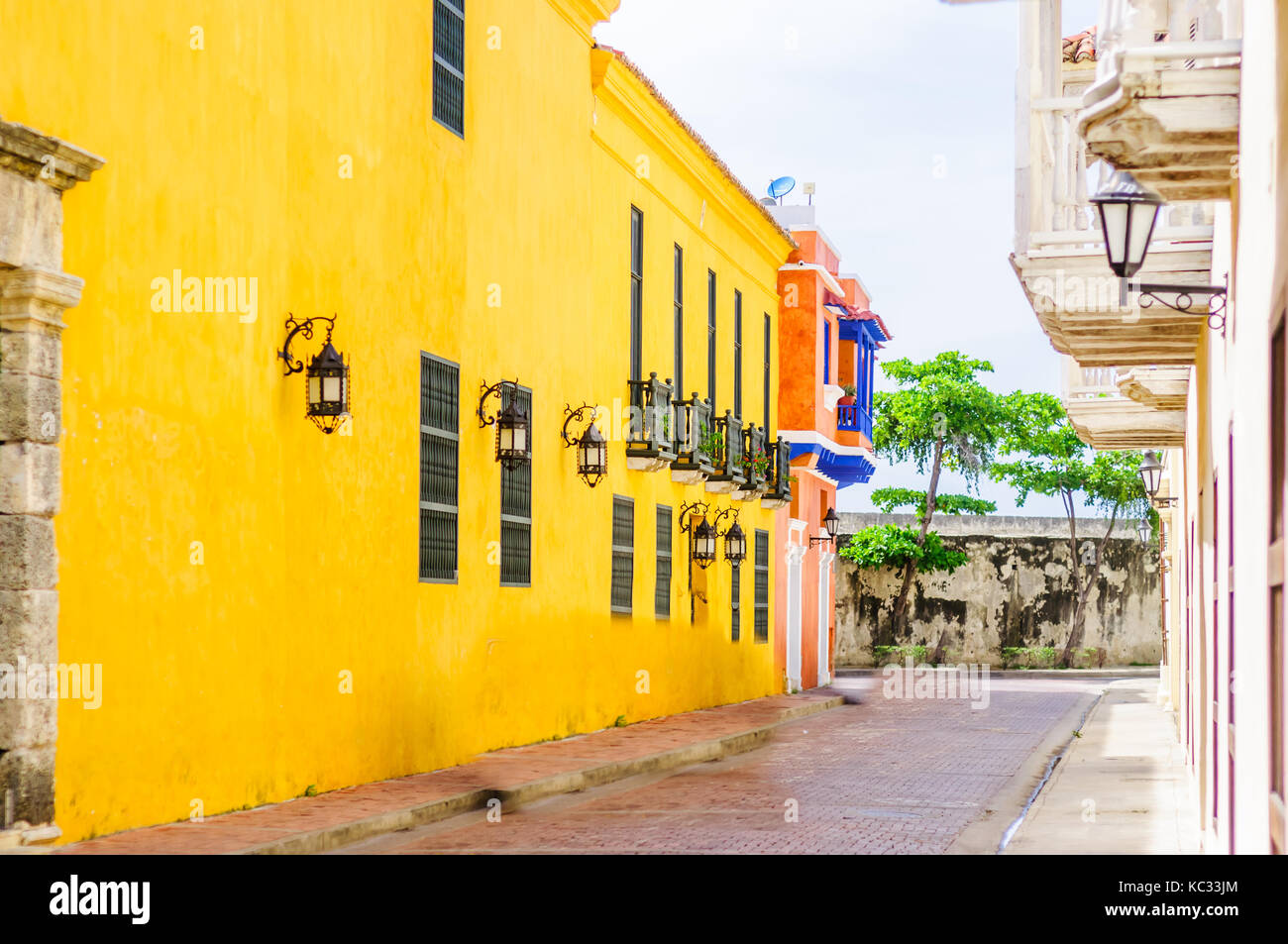 View of streets with colonial buildings in old town of Cartagena ...